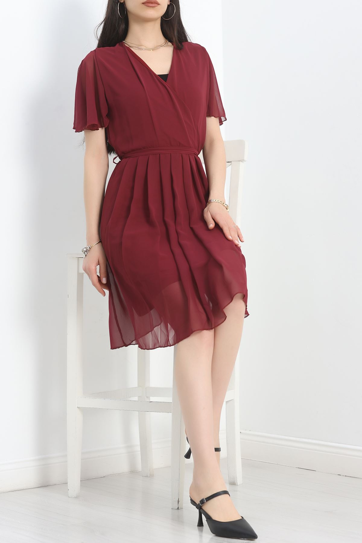 Kruvaze Yaka Pileli 艦ifon Elbise M眉rd眉m 40534 1987 Haydigiy